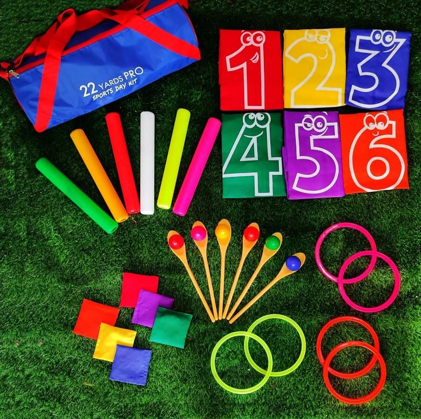 SCHOOL SPORTS DAY KIT Egg and Spoon Race, Jump Sack Race, Bean Bag Tos ...
